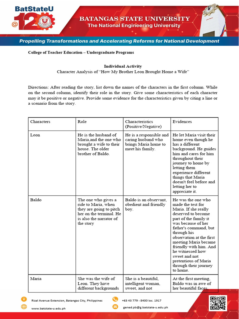 Character Analysis of "How My Brother Leon Brought Home a Wife" | PDF