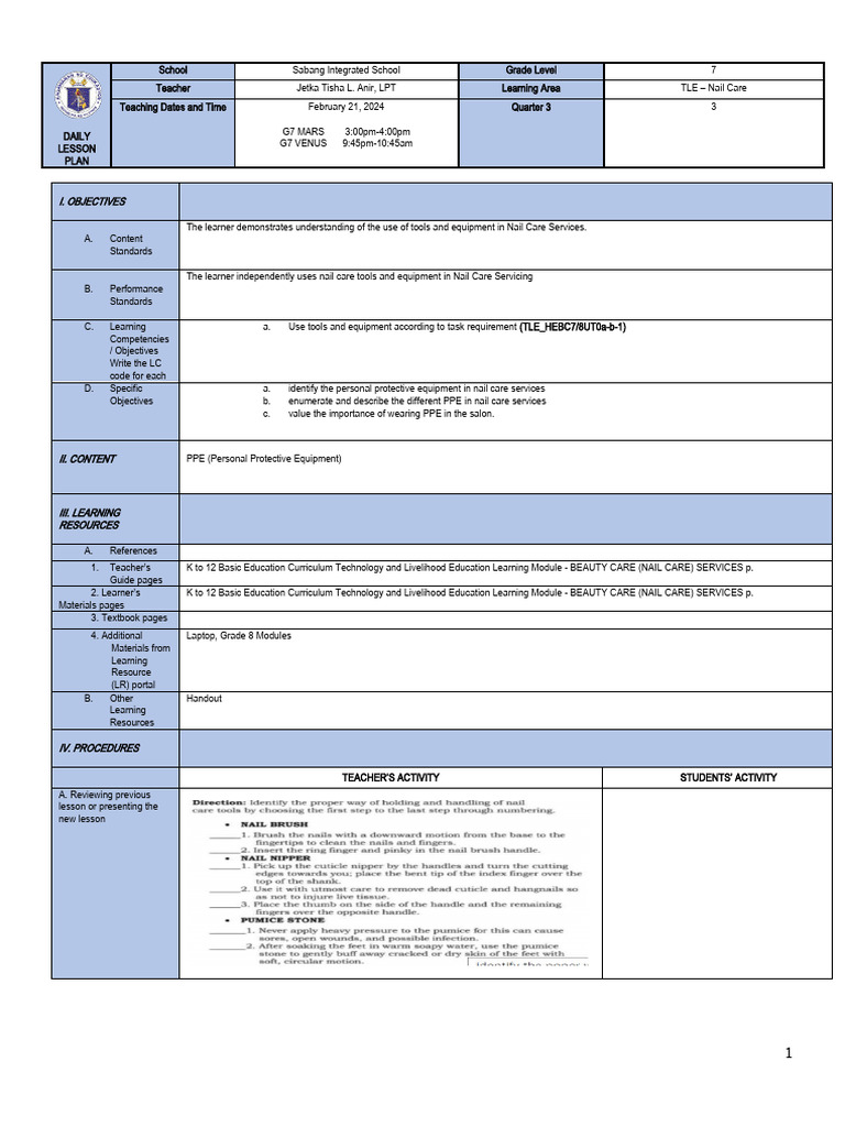 Tle-7-Dlp-Q3 - L8 - Ppe | PDF | Personal Protective Equipment | Workplace