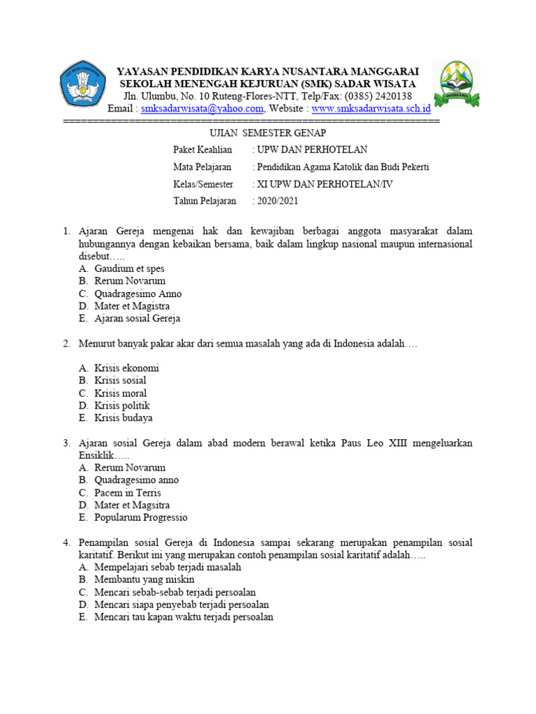 Soal Dan Kunci Jawaban Uas SMTR Iv .Agama Katolik Dan BP KLS Xi Upw-Pht 2021 | PDF