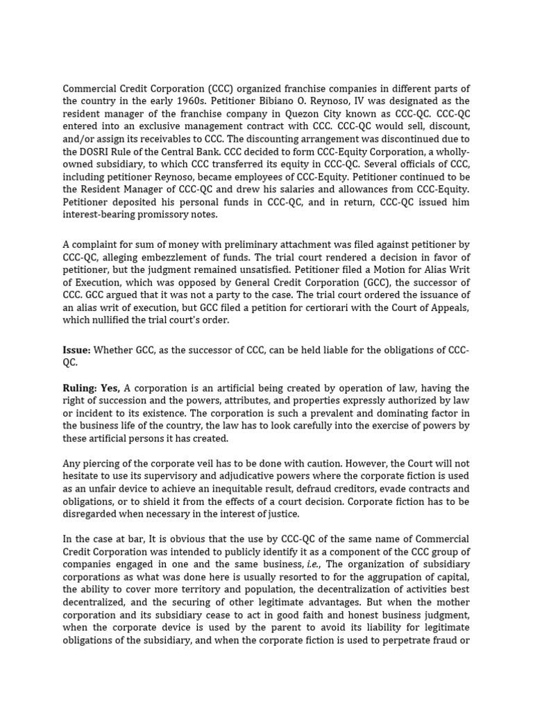 Liability of GCC as CCC Successor | PDF | Piercing The Corporate Veil ...