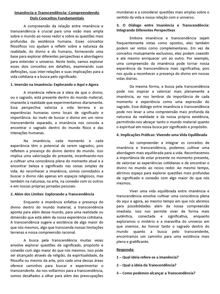 Imanência e Transcendência: Uma Análise | PDF | Transcendência ...
