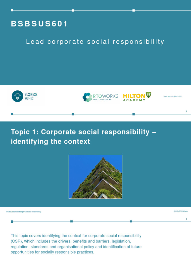 BSBSUS601 Slideshow (Ver. 1) .pdf.v1.0 | PDF | Corporate Social Responsibility | Sustainability