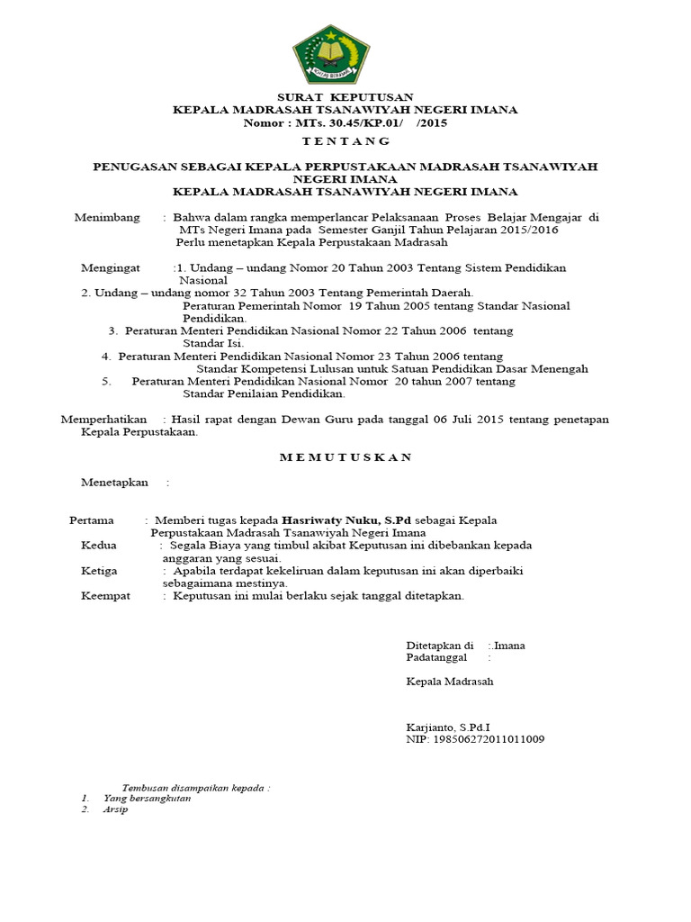 Contoh SK Kepala Perpustakaan Sekolah | PDF