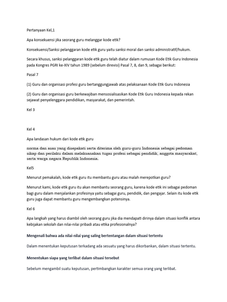 Pertanyaan Dan Jawaban Kel 2 (Kode Etik) - Profesi Guru | PDF