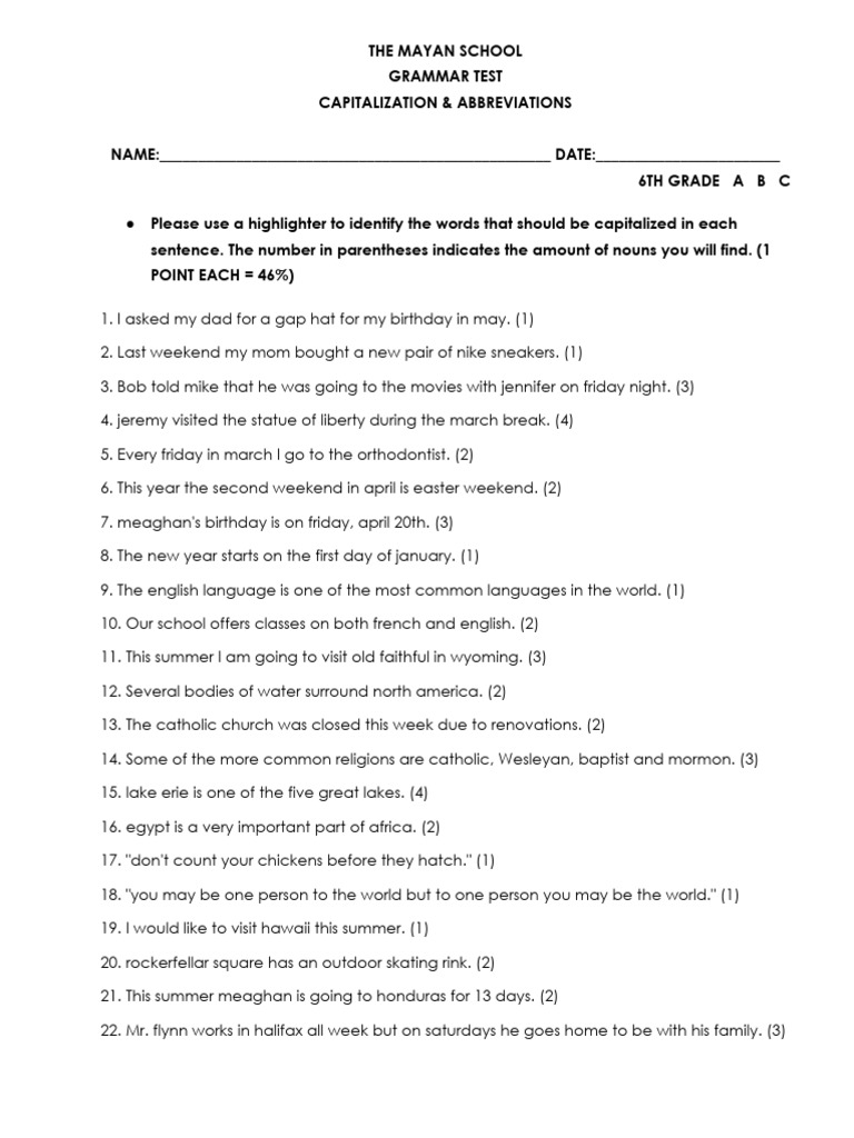 6th Grade Capitalization & Abbreviations Test | PDF | Linguistics