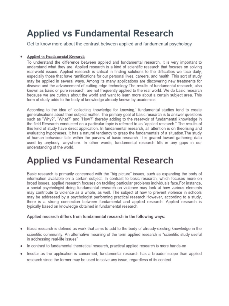 Applied Vs Fundamental Research | Download Free PDF | Experiment | Methodology