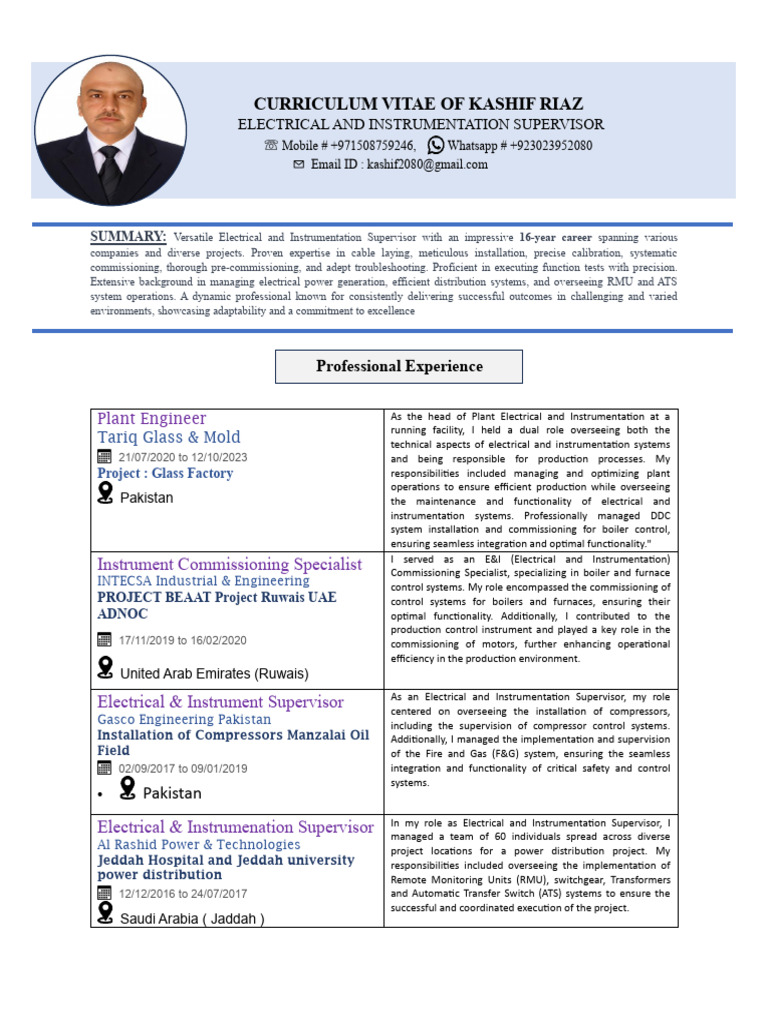 CV of Kashif Riaz Electrical Supervisor | Download Free PDF ...