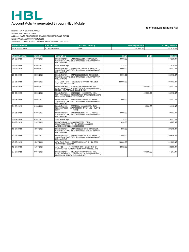 IDBI Bank Statement for Abdul Sami | PDF | Debit Card | Automated Teller Machine