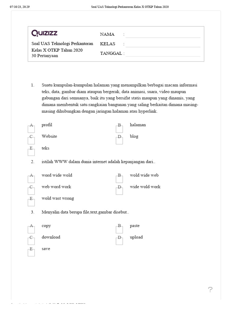 Soal UAS Teknologi Perkantoran Kelas X OTKP Tahun 2020 | PDF