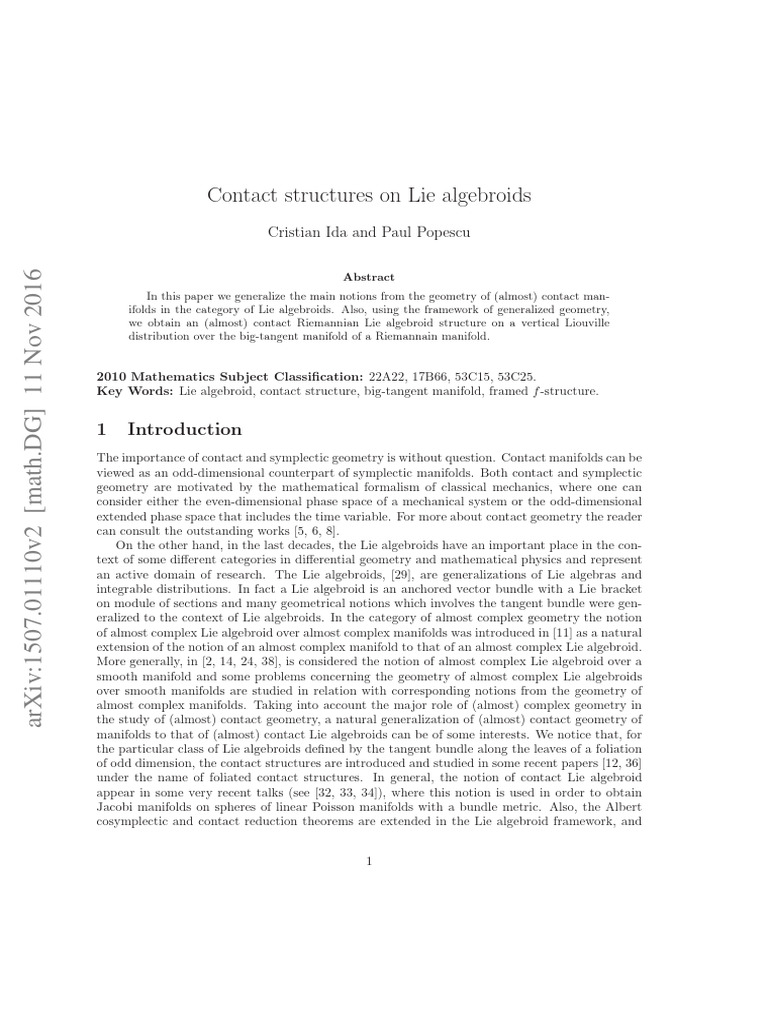 Contact Structures on Lie Algebroids | PDF | Manifold | Differential ...
