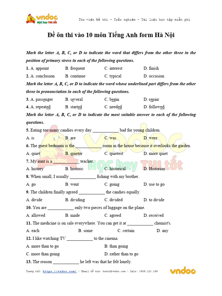 De On Thi Vao 10 Mon Tieng Anh Form Ha Noi | PDF