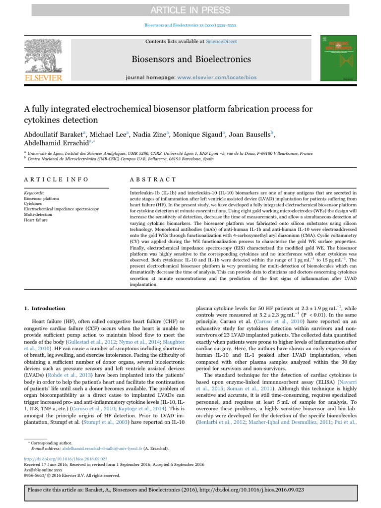 A Fully Integrated Electrochemical Biosensor Platform Fabrication Process For Cytokines ...