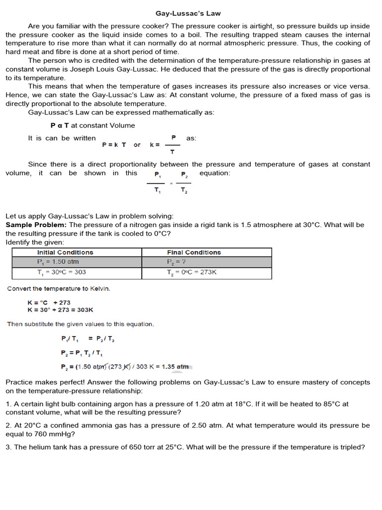 Gas Laws Gay Lussac and Combined | PDF | Gases | Mole (Unit)