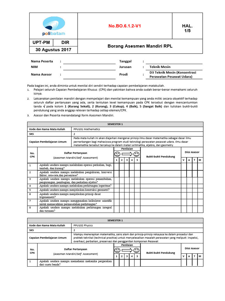 Form Asesmen D3 Teknik Mesin Perawatan Pesawat Udara. | PDF
