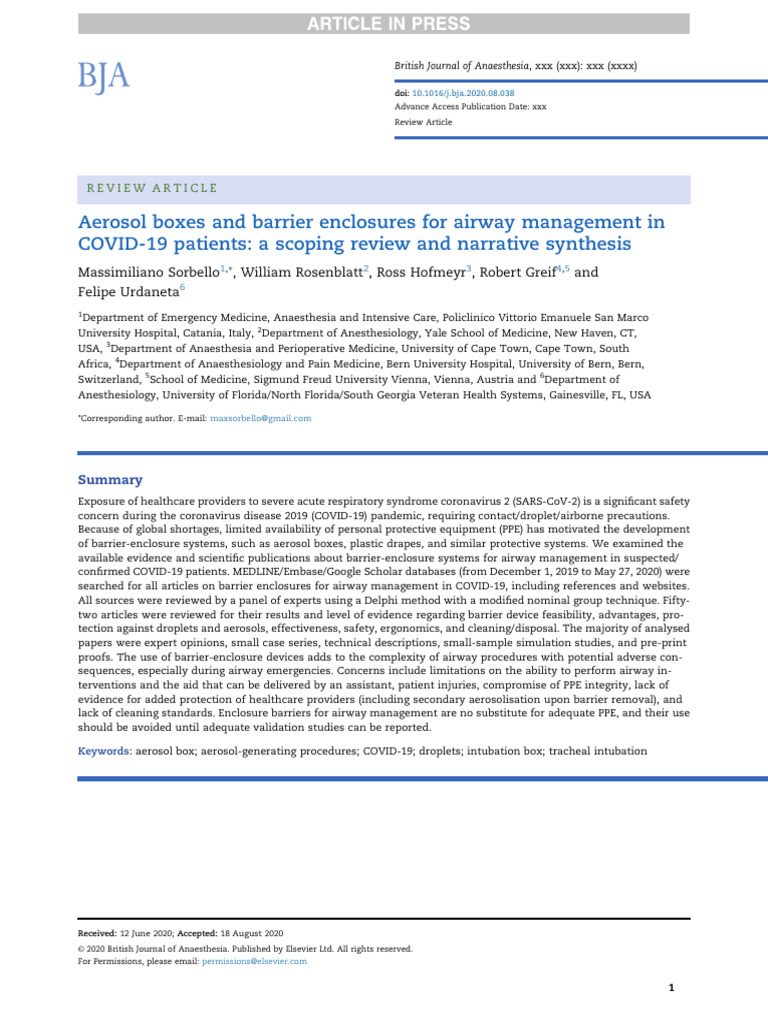 Aerosol Boxes and Barrier Enclosures For Airway Management in COVID ...