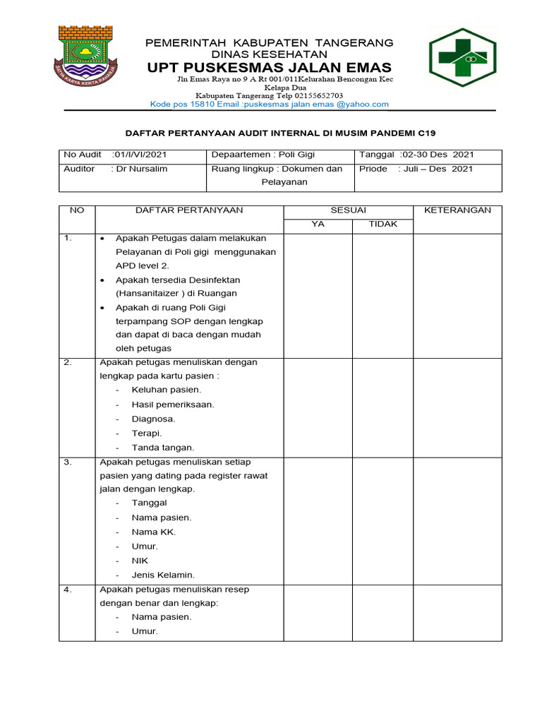 Ceklis Audit Internal Juli - Des 2021 | PDF