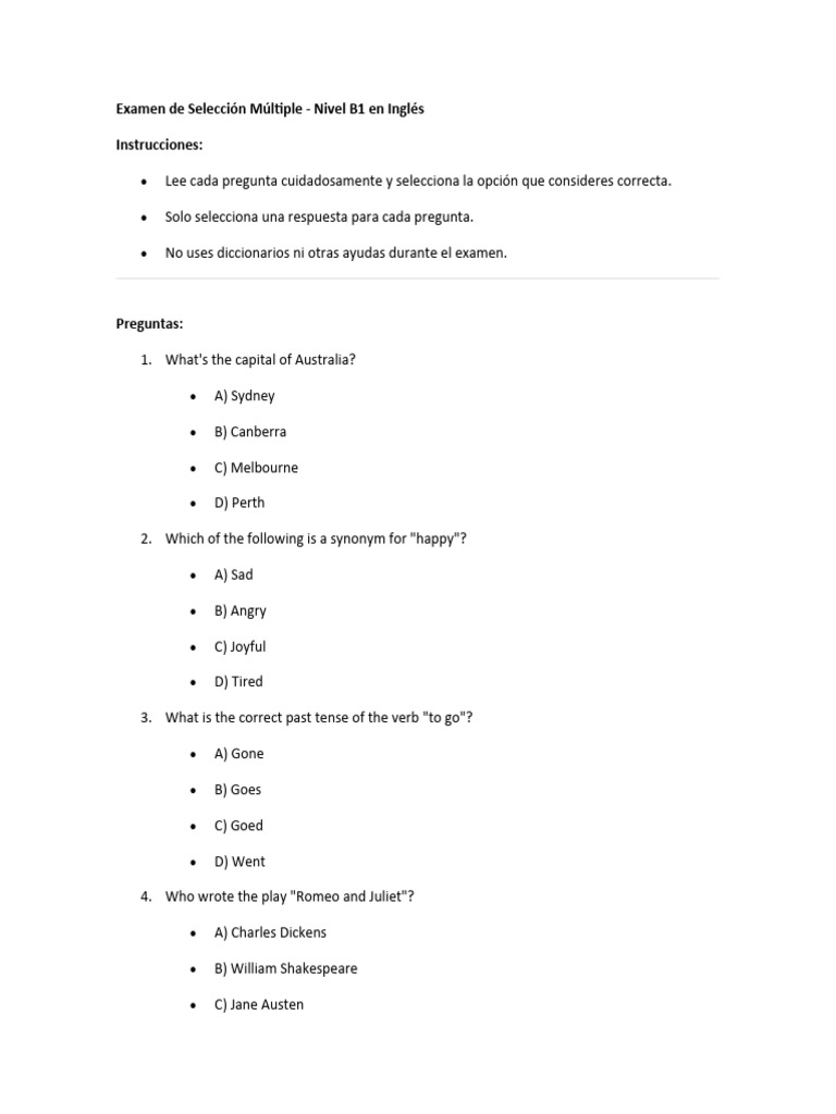 Examen de Ingles Selección Múltiple | PDF