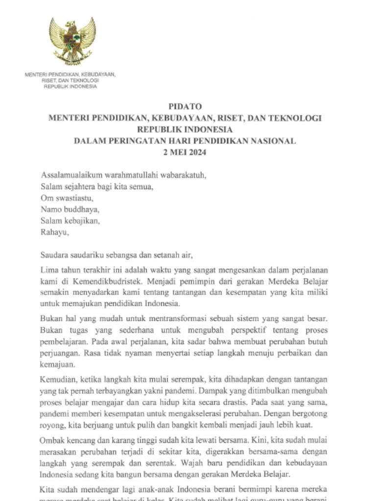 Pidato Mendikbudristek Dalam Rangka Memperingati Hardiknas 2024 | PDF