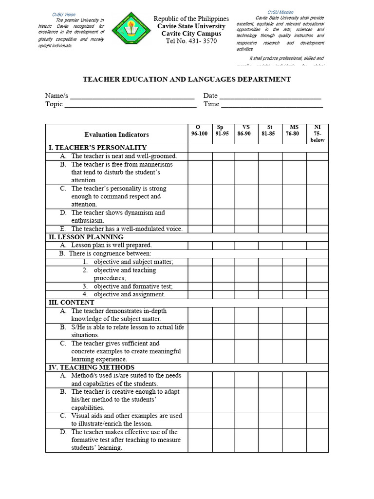 Pre Service Teaching Final Demo Evaluation Form | PDF | Teachers | Learning