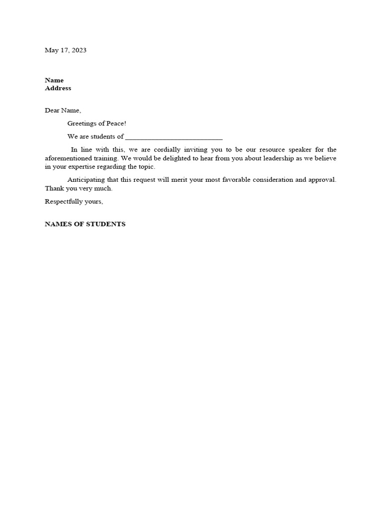 Leadership Training Venue and Speaker Letter | PDF