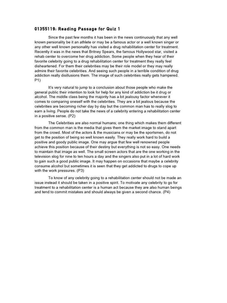 119 Reading Passage For QUIZ 1 | PDF | Drug Rehabilitation | Celebrity