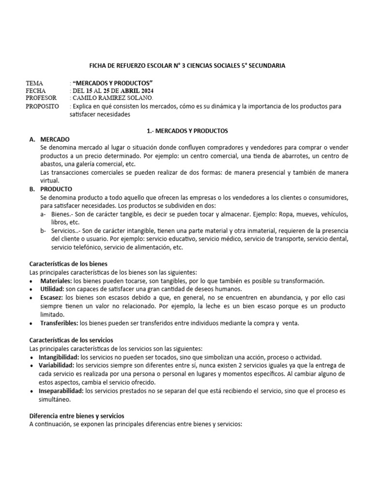 Mercados y Productos: Guía 5° Secundaria | PDF | Mercado (economía ...