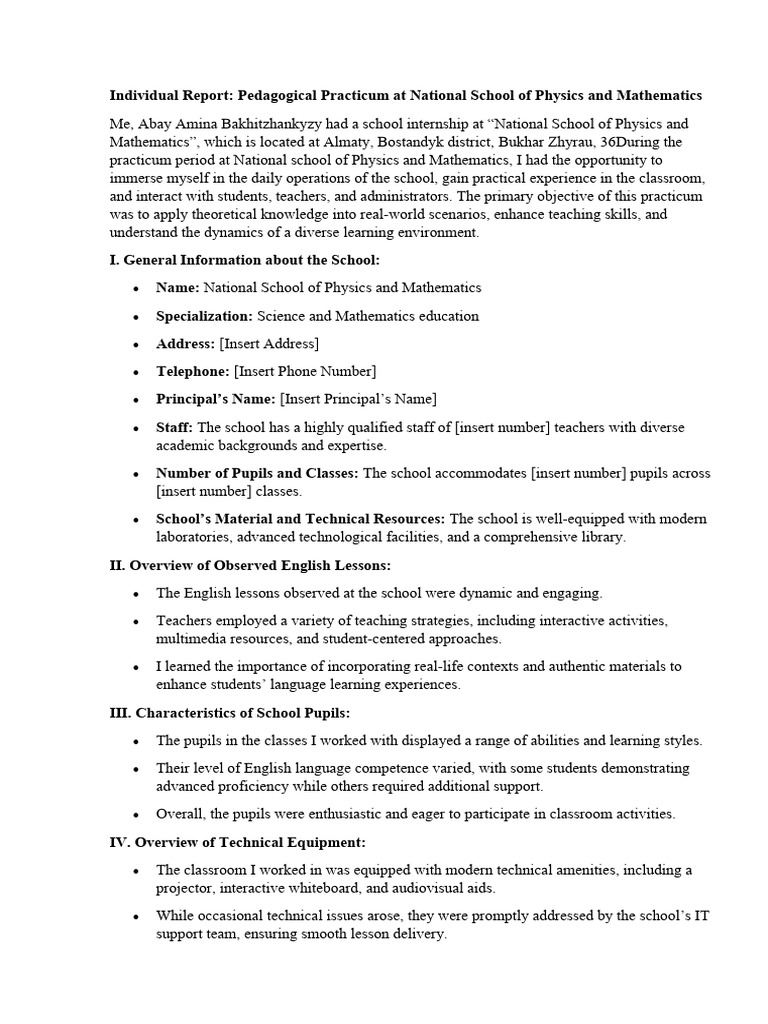Pedagogical Practicum Report: Insights and Experiences | PDF | Pedagogy ...