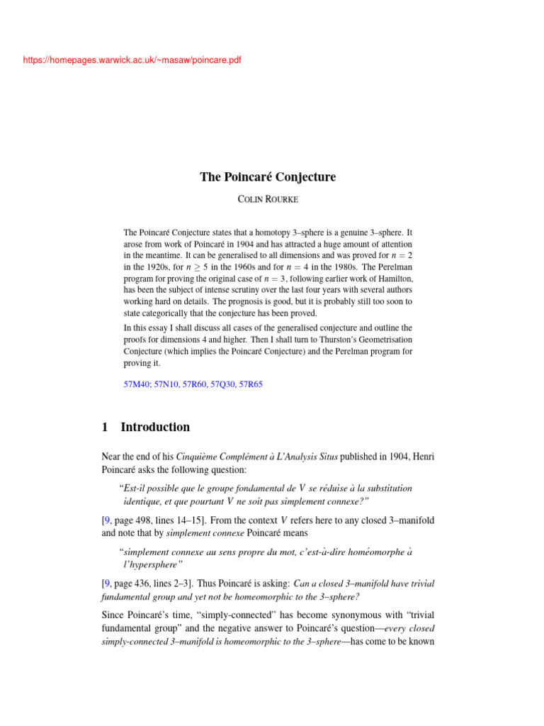 Colin Rourke-Poincare Conjecture | PDF | Manifold | Geometry