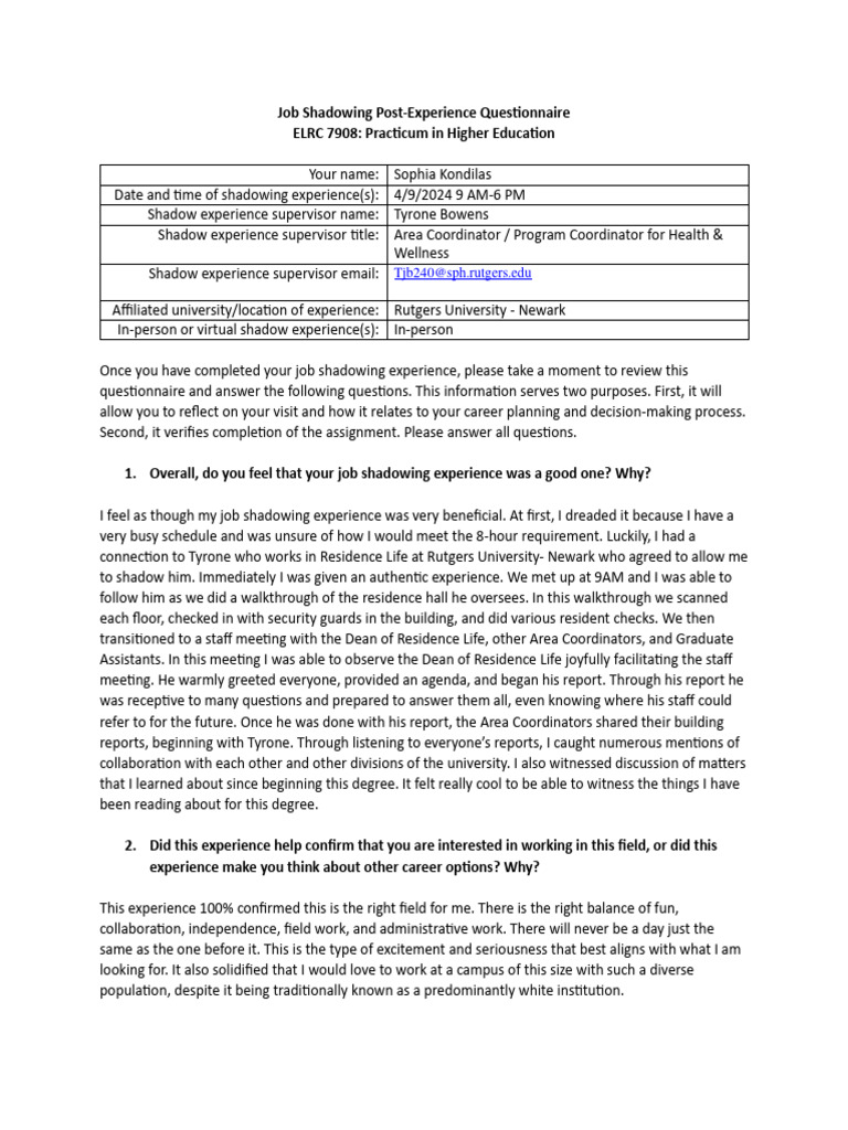 Job Shadow Post-Experience Questionnaire | PDF | Social Psychology