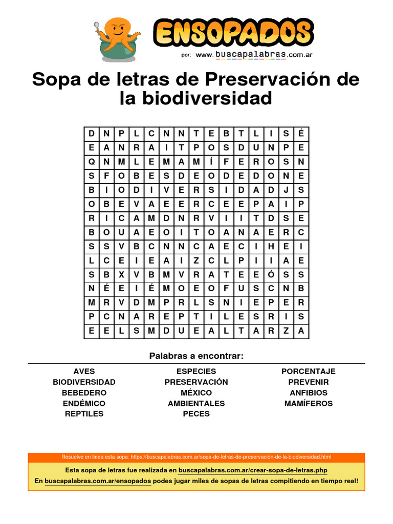 Sopa de Letras de Preservación de La Biodiversidad | PDF | Zoología ...