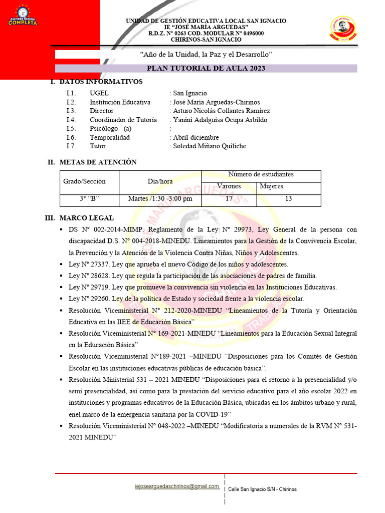PLAN TUTORIAL DE AULA 2023 Soledad | PDF | Autoestima | Sicología