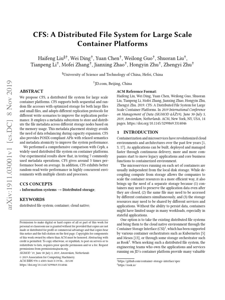 CFS: A Distributed File System For Large Scale Container Platforms | PDF | Replication ...
