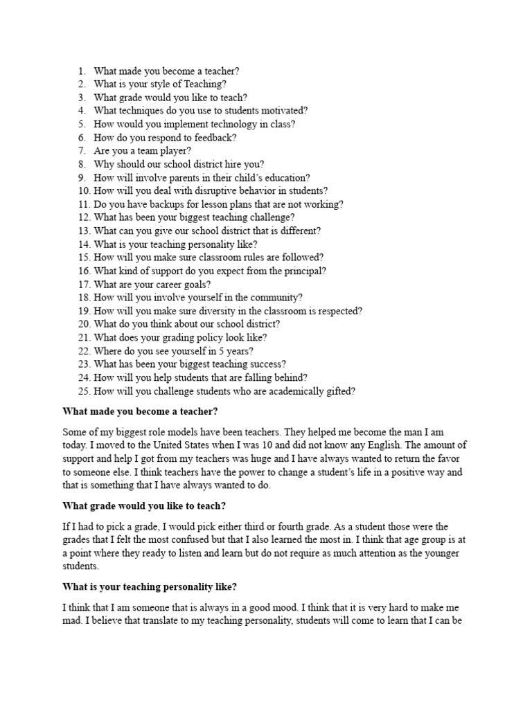 25 Interview Questions | PDF | Teachers | Behavioural Sciences