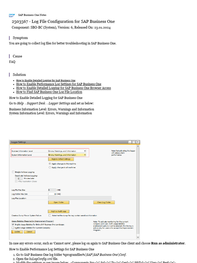 Log File Configuration For SAP Business One 1714306381 | PDF | Computer File | Xml