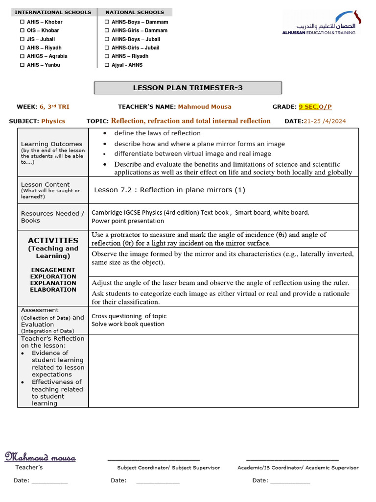 Lesson Plans - 9 (Week 6) | PDF | Reflection (Physics) | Refraction