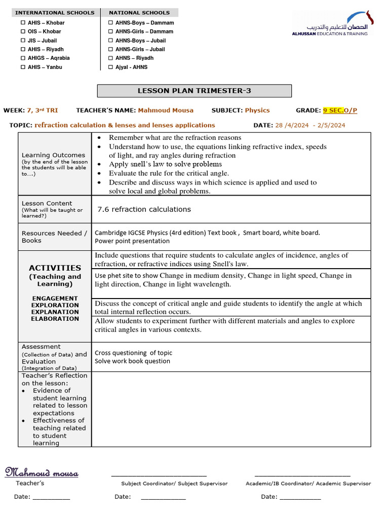 Lesson Plans - 9 (Week 7) | PDF | Refraction | Optics