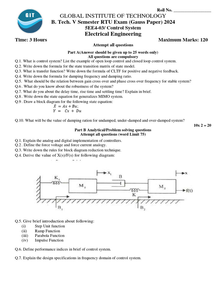 Control System Guess Paper | Download Free PDF | Control Theory | Electrical Network
