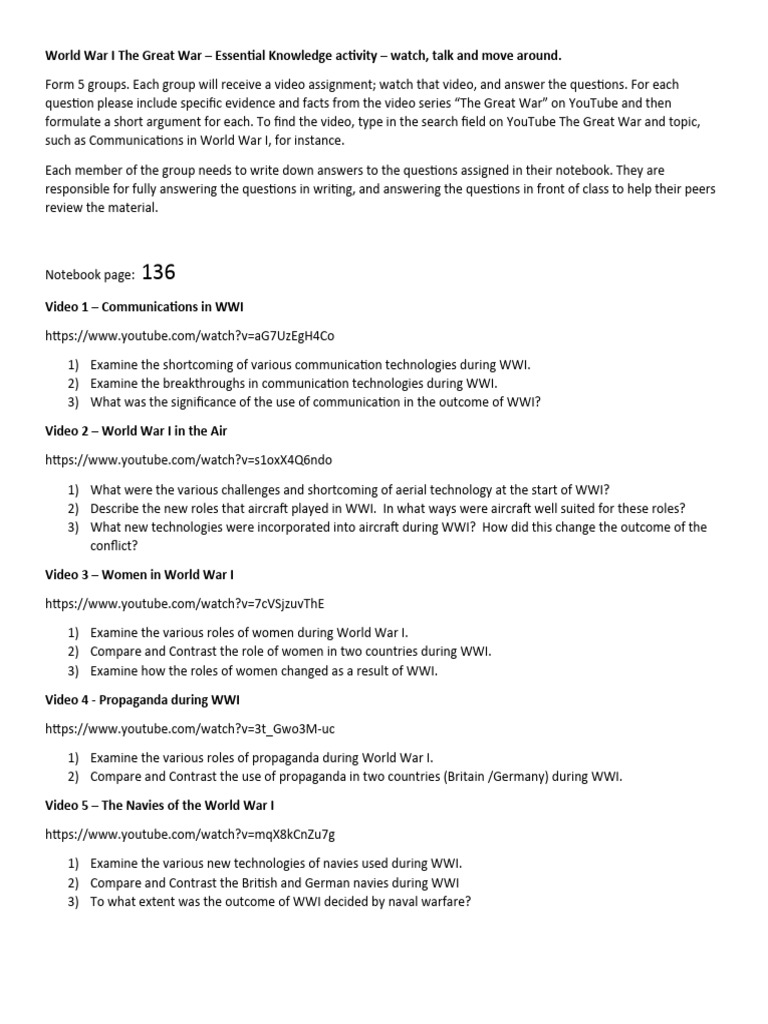 Grudic World War I - Practices Videos Activity | PDF