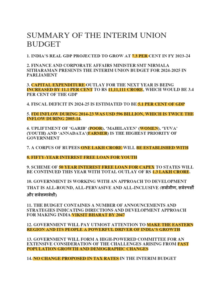 Interim Union Budget 2024-25 Overview | PDF | Taxes | Government Budget ...