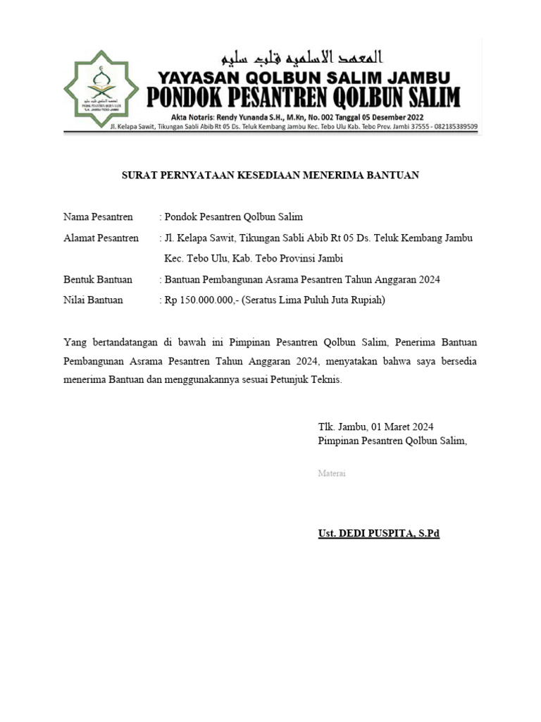 Surat Pernyataan Kesediaan Menerima Bantuan | PDF