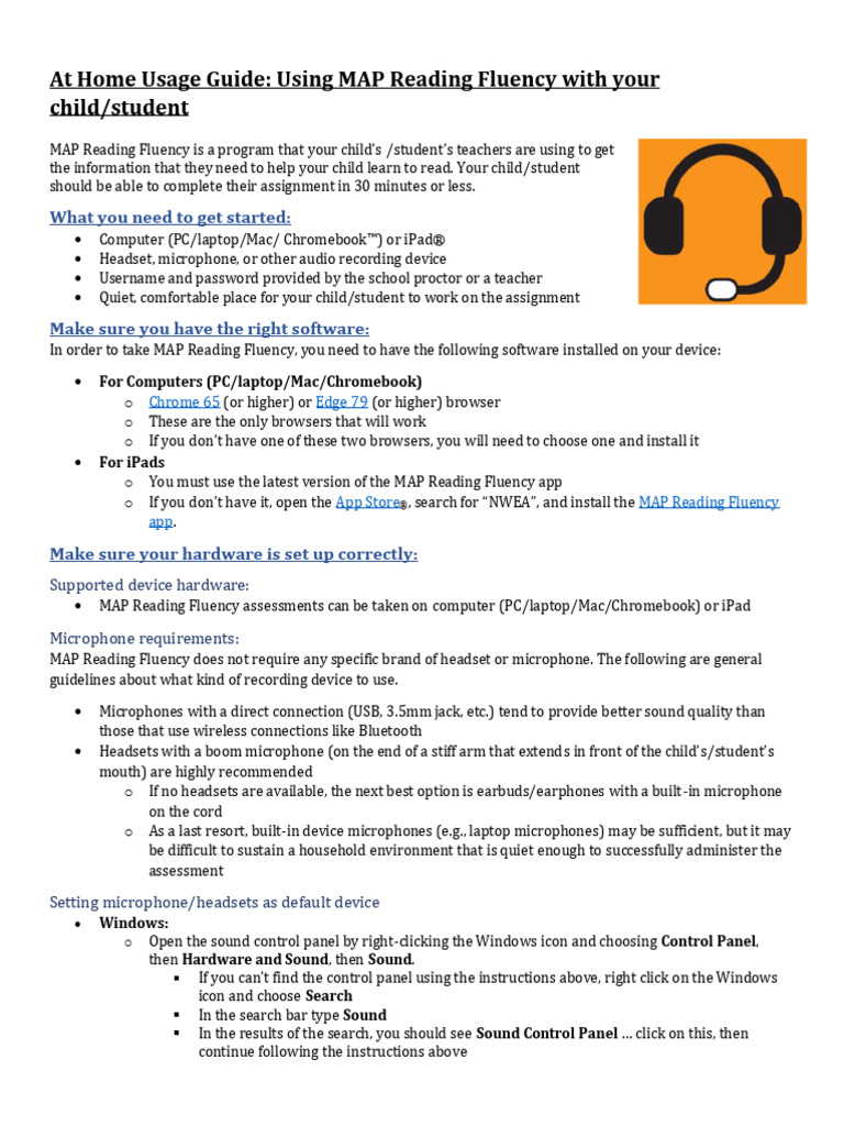 MAP Reading Fluency at Home Usage Guide | PDF | Headphones | Chromebook