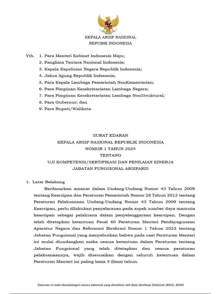 Surat Edaran Kepala ANRI Nomor 1 Tahun 2024 | PDF