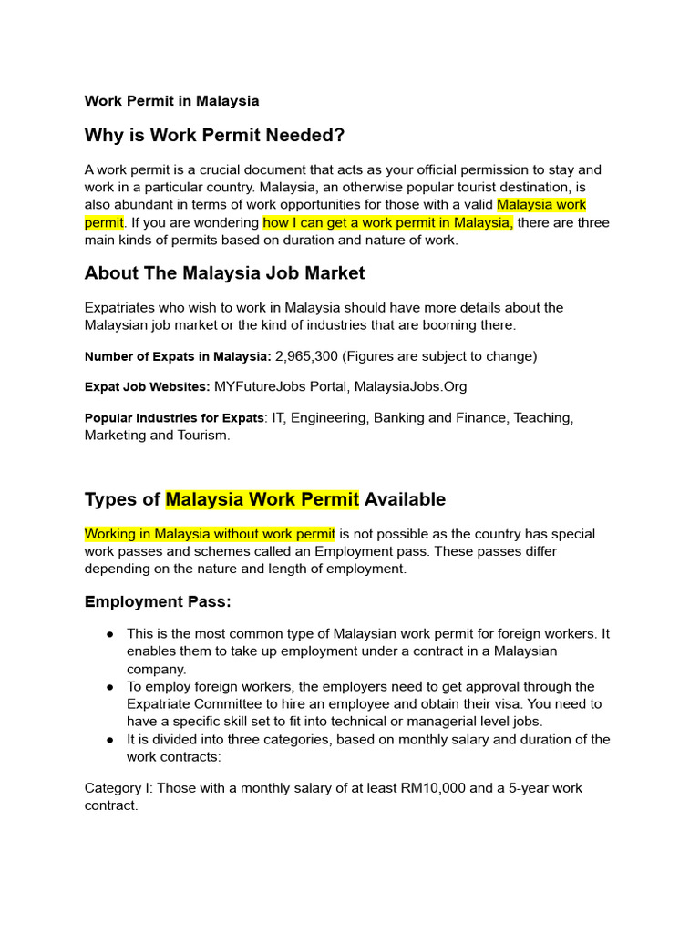 61498ad9d0462c64db33be9a Work Permit Malaysia | PDF | Employment ...