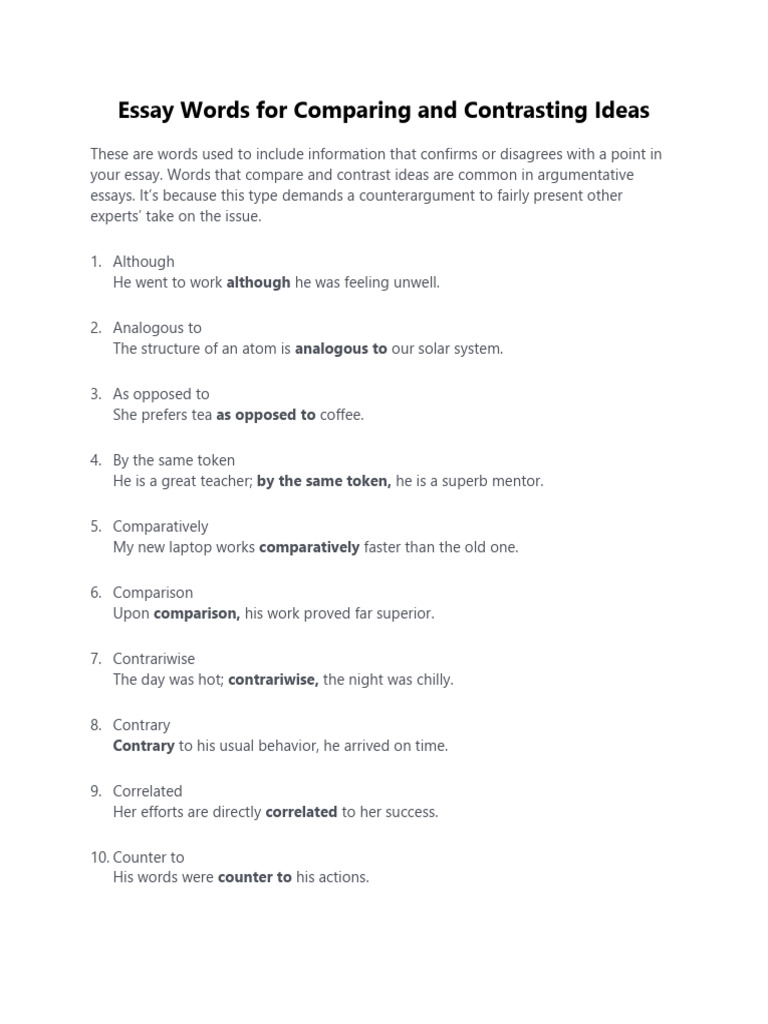 Essay Words For Comparing and Contrasting Ideas | PDF | Essays | Psychology