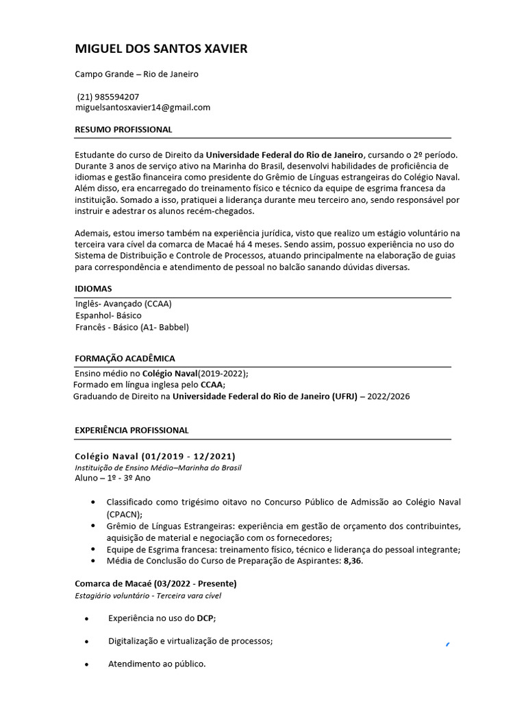 CV Miguel Xavier - 2022.2 | PDF