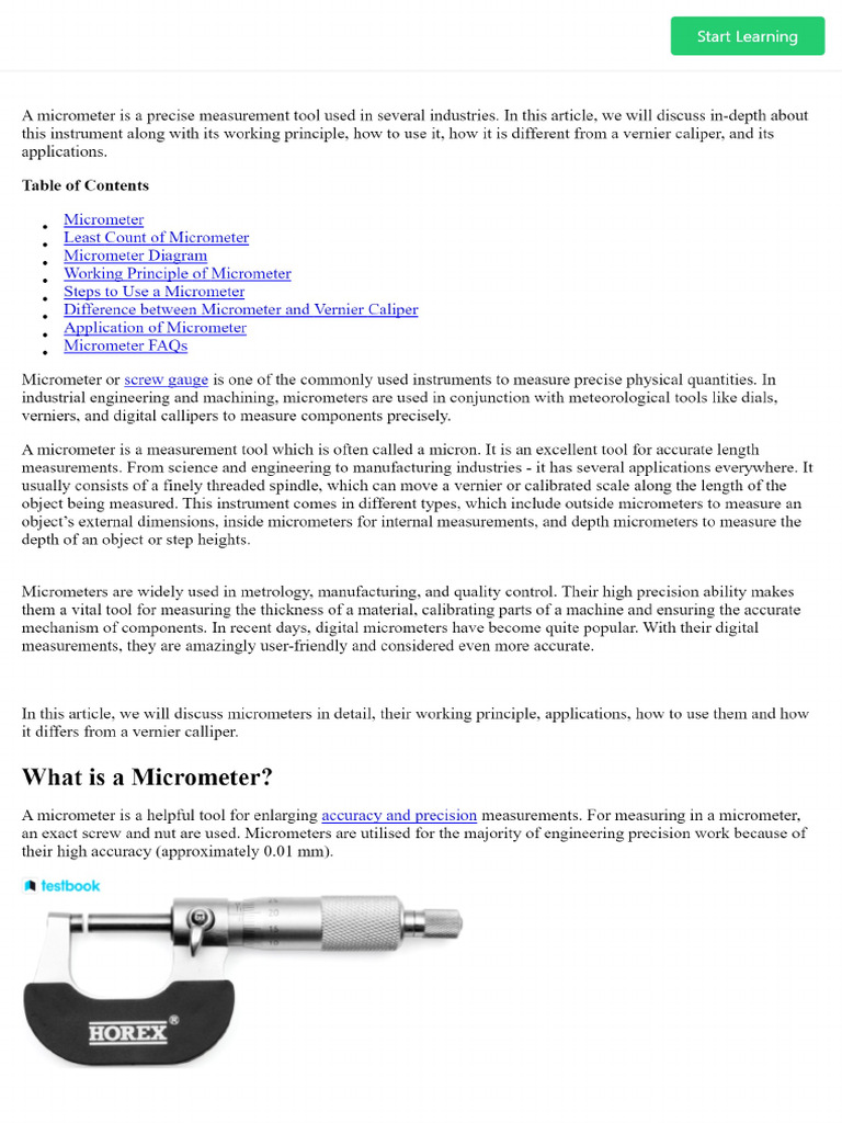 Micrometer - Learn Definition, Diagram, Working Principle & Steps | PDF