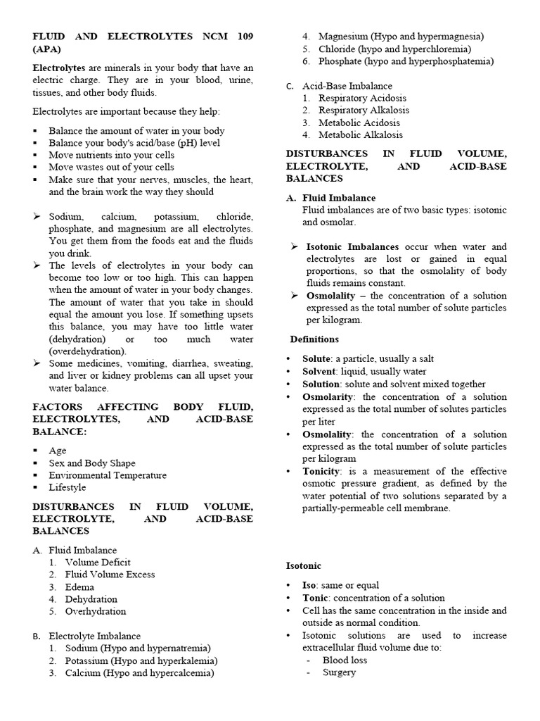 Fluid and Electrolytes NCM 109 | PDF | Electrolyte | Physiology
