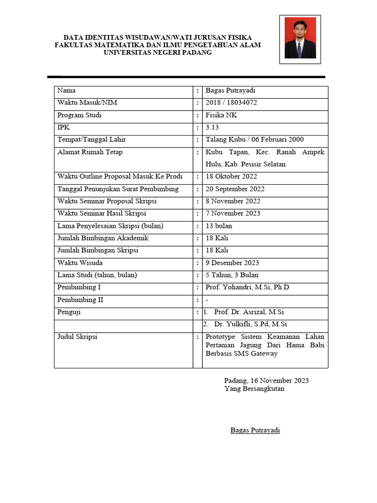 Data Identitas Wisudawan Bagas | PDF