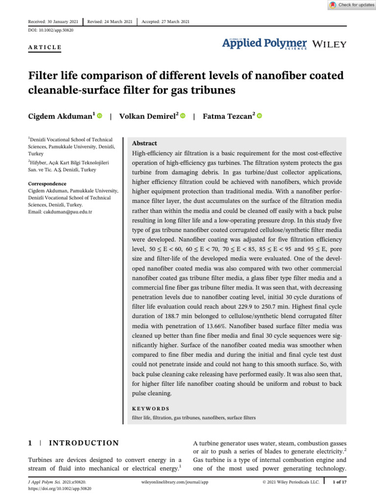 Nanofiber Filters for Gas Turbines | PDF | Filtration | Materials