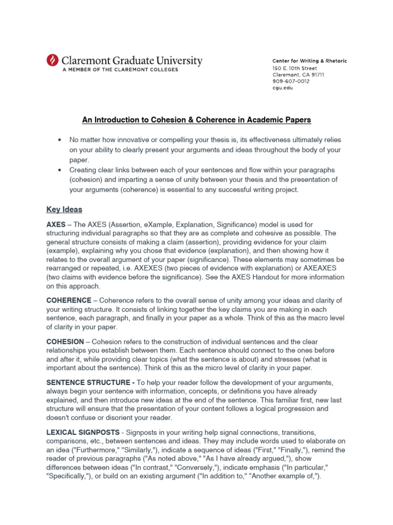 CGU CWR Cohesion Coherence Handout | PDF | Evidence | Paragraph